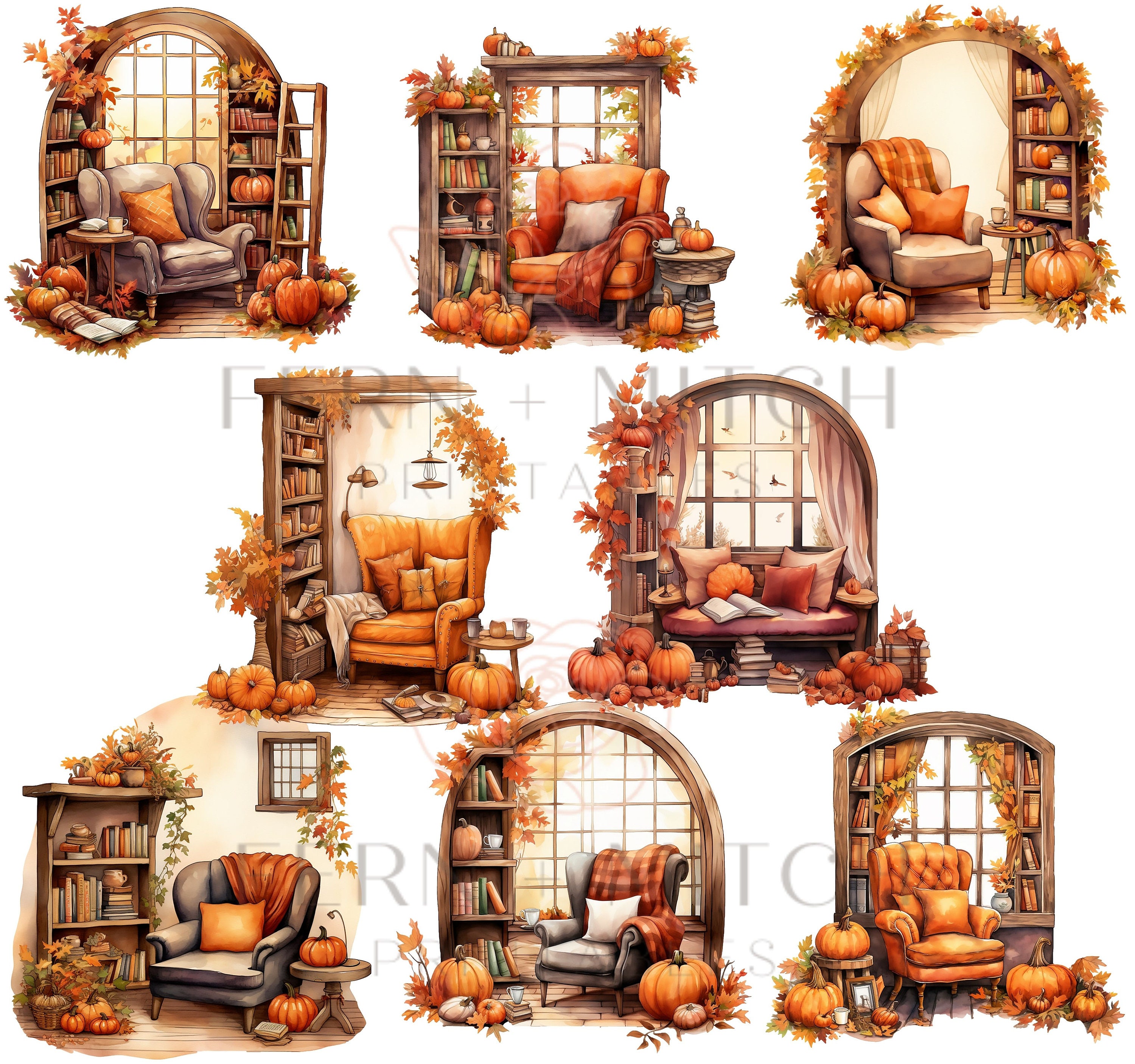 Watercolor Fall Reading Corner Clipart Book Nook PNG for - Etsy