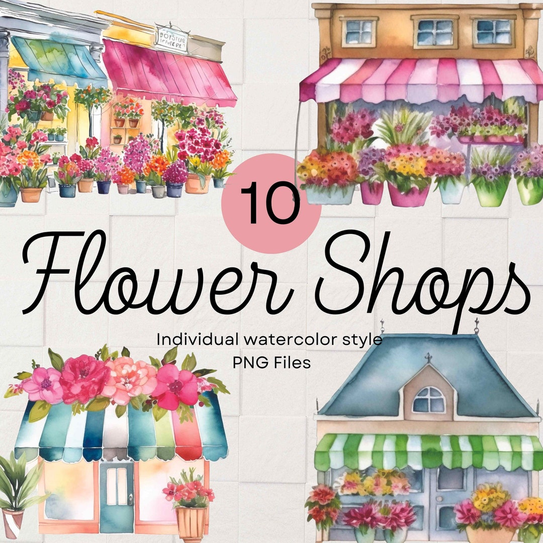 10 Watercolor Flower Shop Clipart, Floral Store PNG for Commercial Use ...