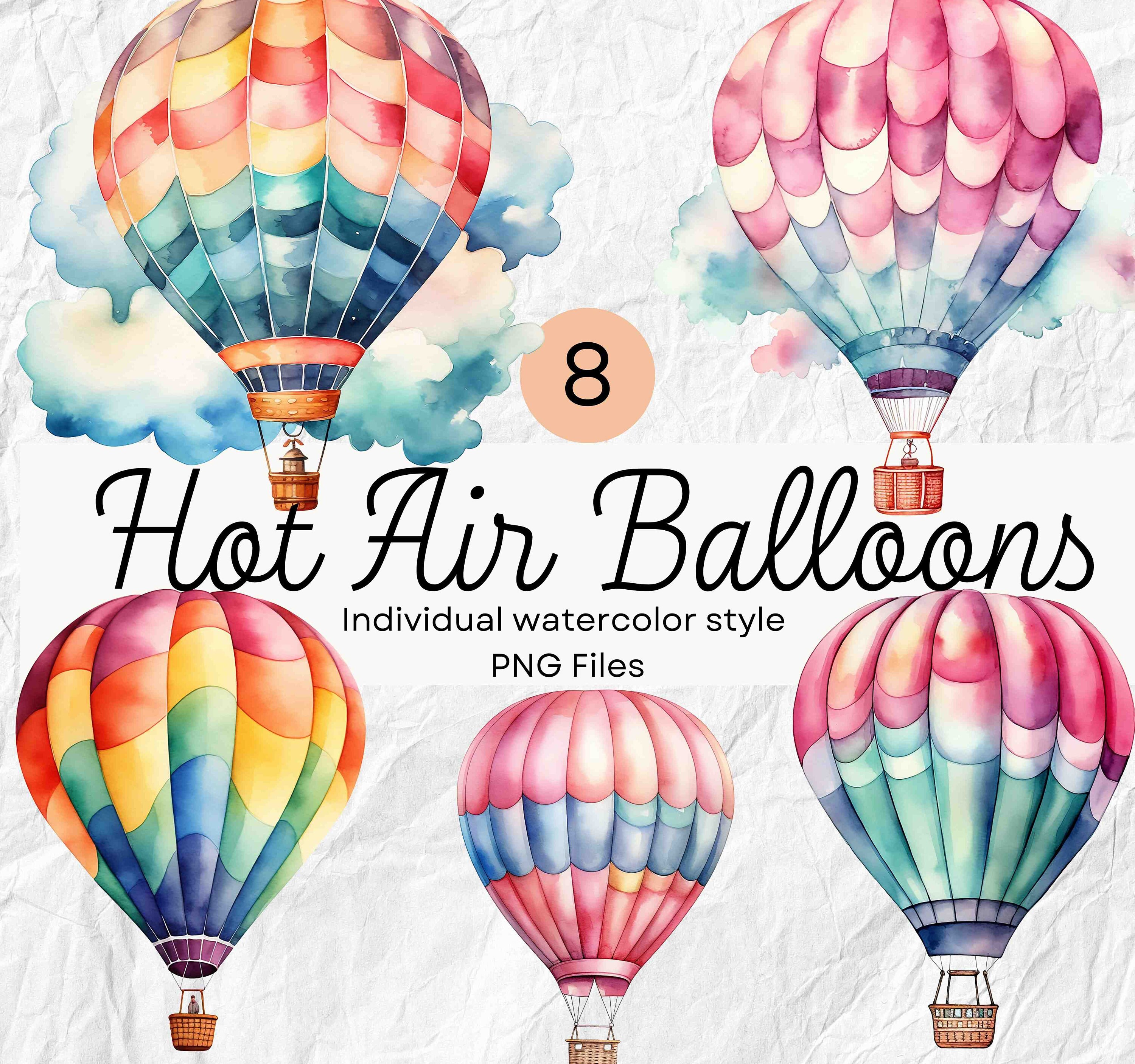 Watercolor Hot Air Balloons Clipart, PNG for Commercial Use POD, Air ...