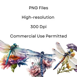 Watercolor Dragonflies on Flowers Clipart, PNG for Commercial Use POD ...