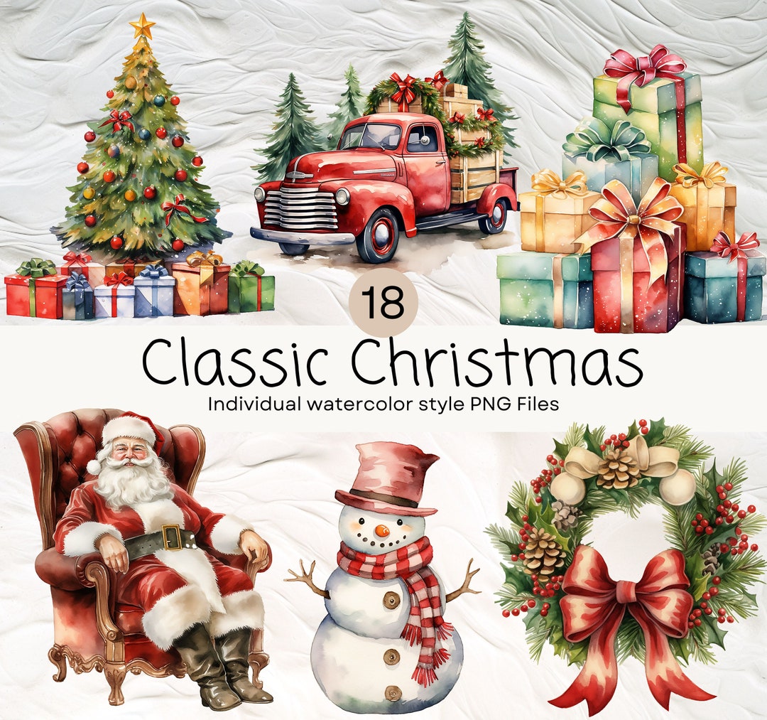 Watercolor Classic Christmas Bundle Clipart, Xmas PNG for Commercial ...