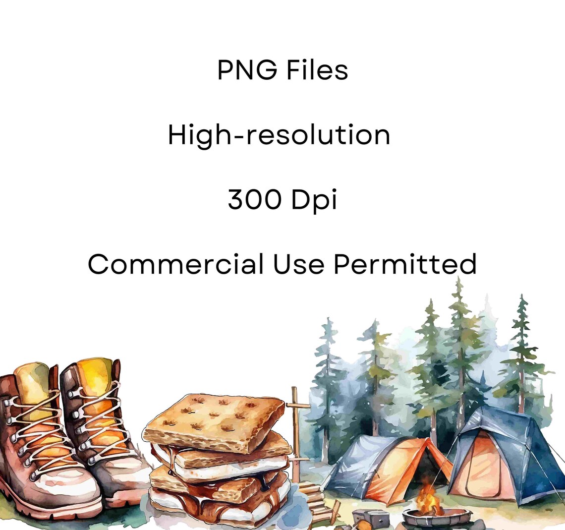 Camping Watercolor Clipart, Outdoor Activities PNG for Commercial Use ...