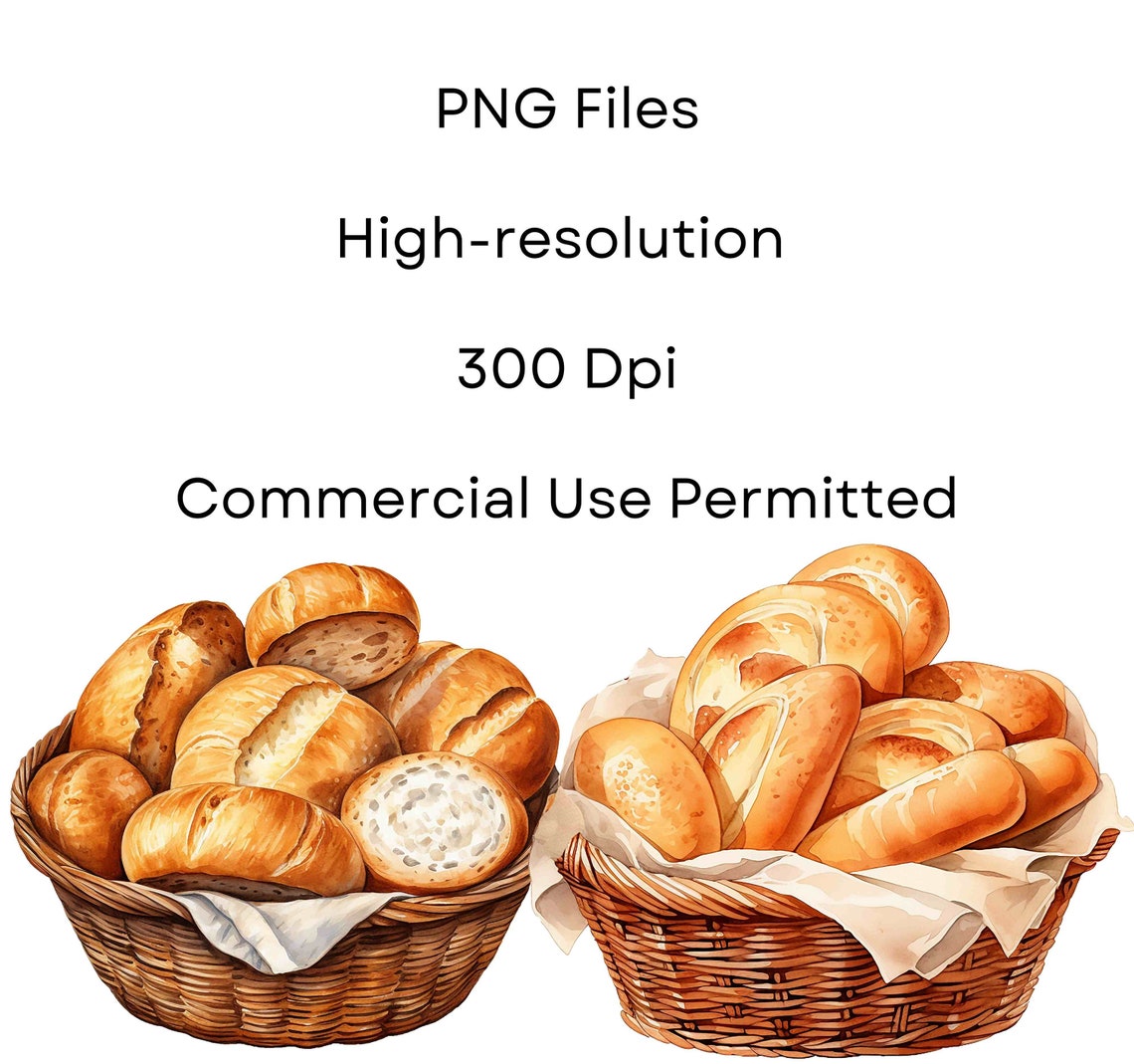 Watercolor Bread Basket Clipart Bakery PNG for Commercial Use - Etsy