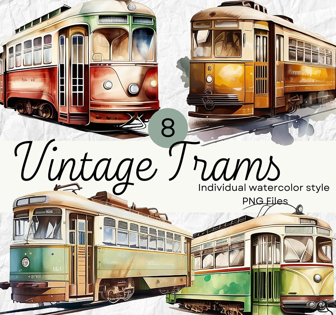 Watercolor Vintage Tram Clipart, Tram PNG for Commercial Use POD, Retro ...
