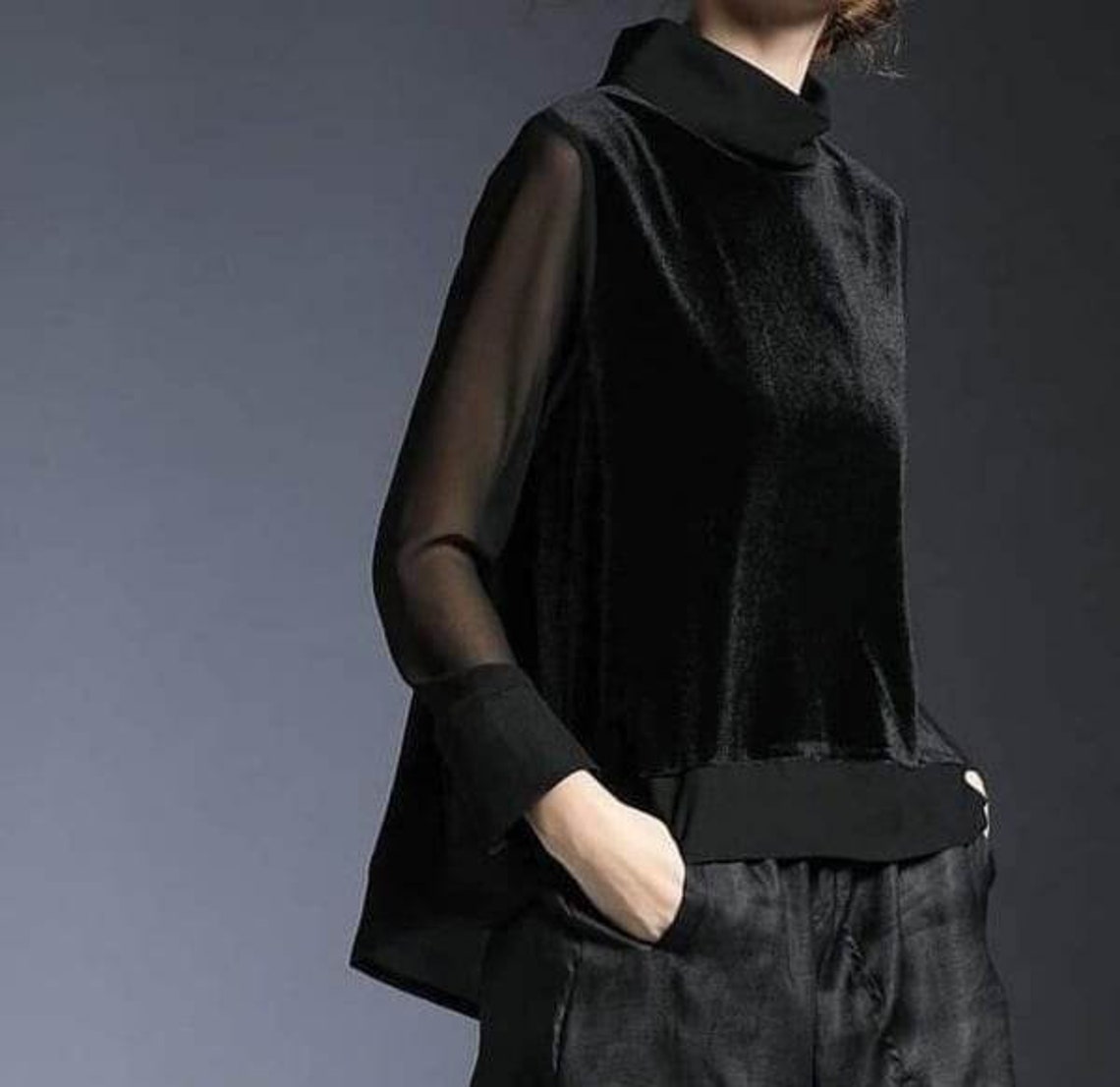 Bluza CATIFEA Cu Voal, Neagra,orice Marime Xs__xxxl, Nasturi Spate ...