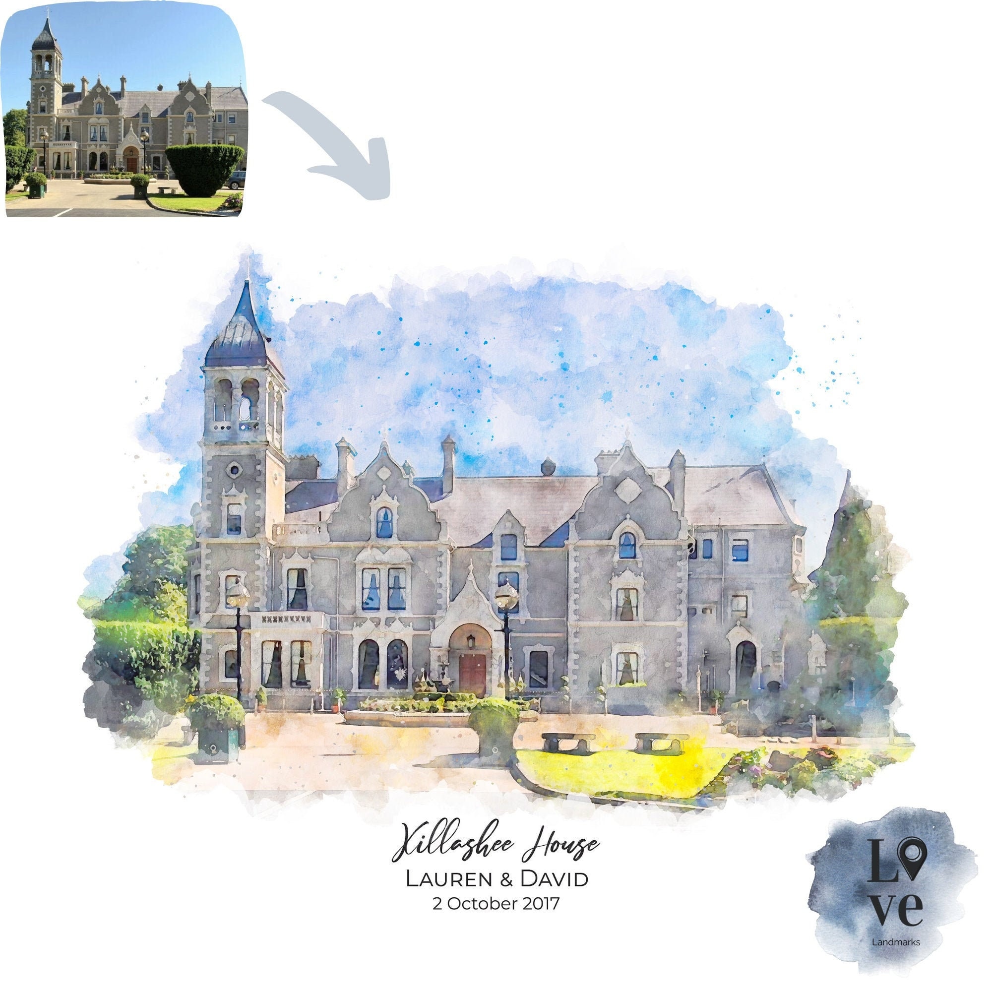 Custom Watercolor Wedding Venue Portrait, Wedding Venue Drawing ...