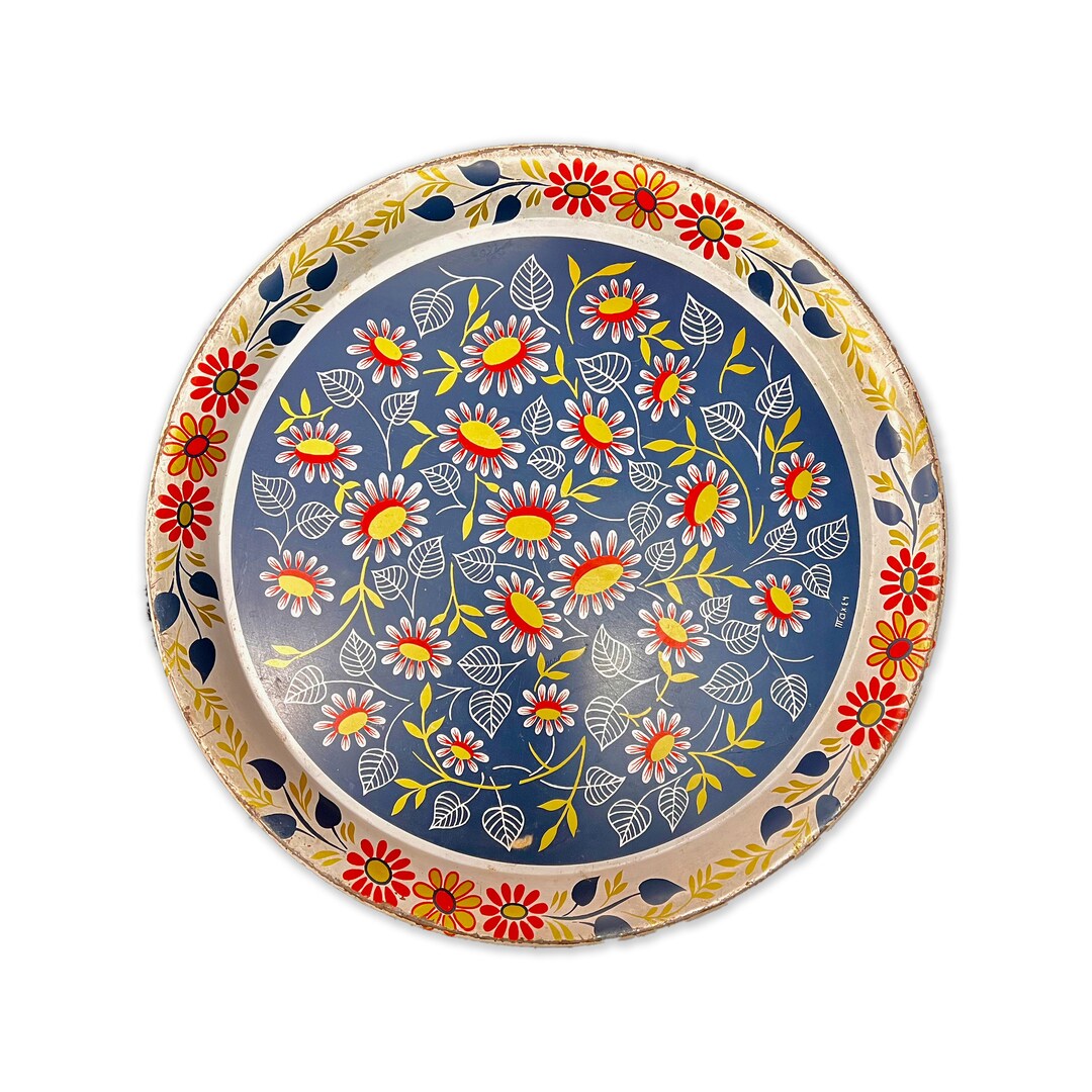 Round Metal Platter With Floral Print - Etsy