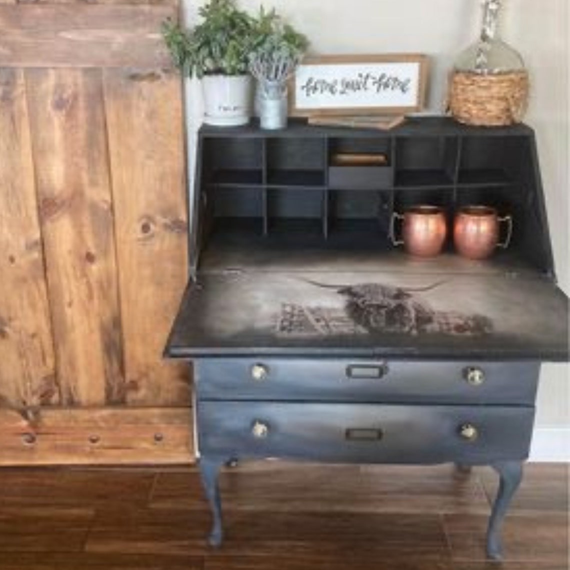 SOLD | Farmhouse Antique Secretary Desk | Highland Steer Secretary Desk ...