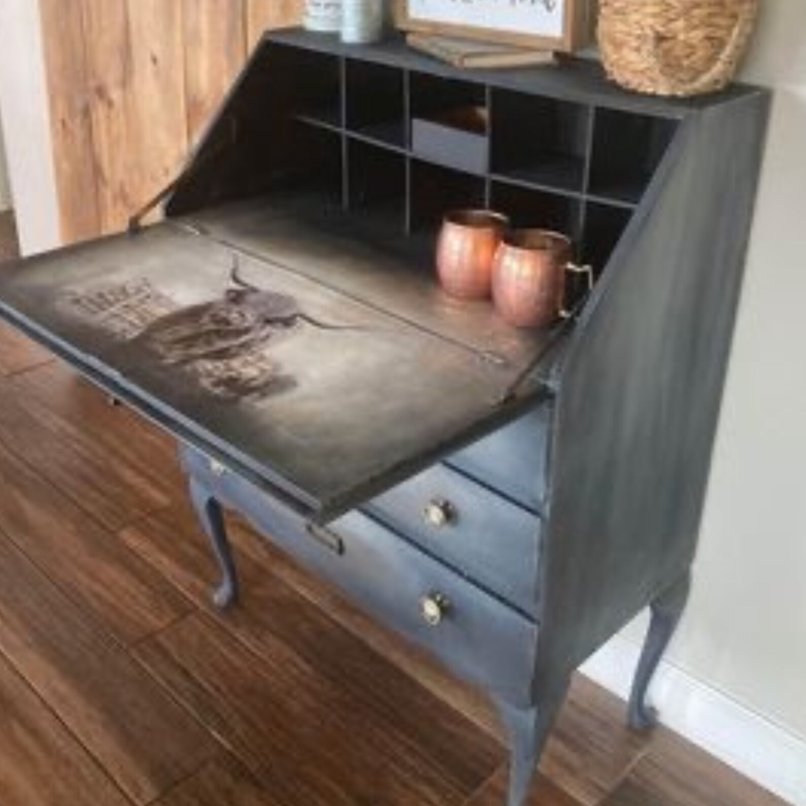 SOLD | Farmhouse Antique Secretary Desk | Highland Steer Secretary Desk ...