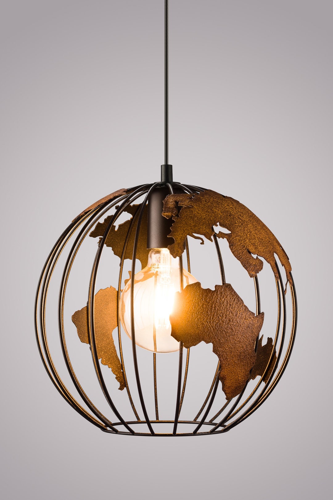 Rust Hanging Globe Lamp, Adjustable World Map Hanging Lamp Light for ...
