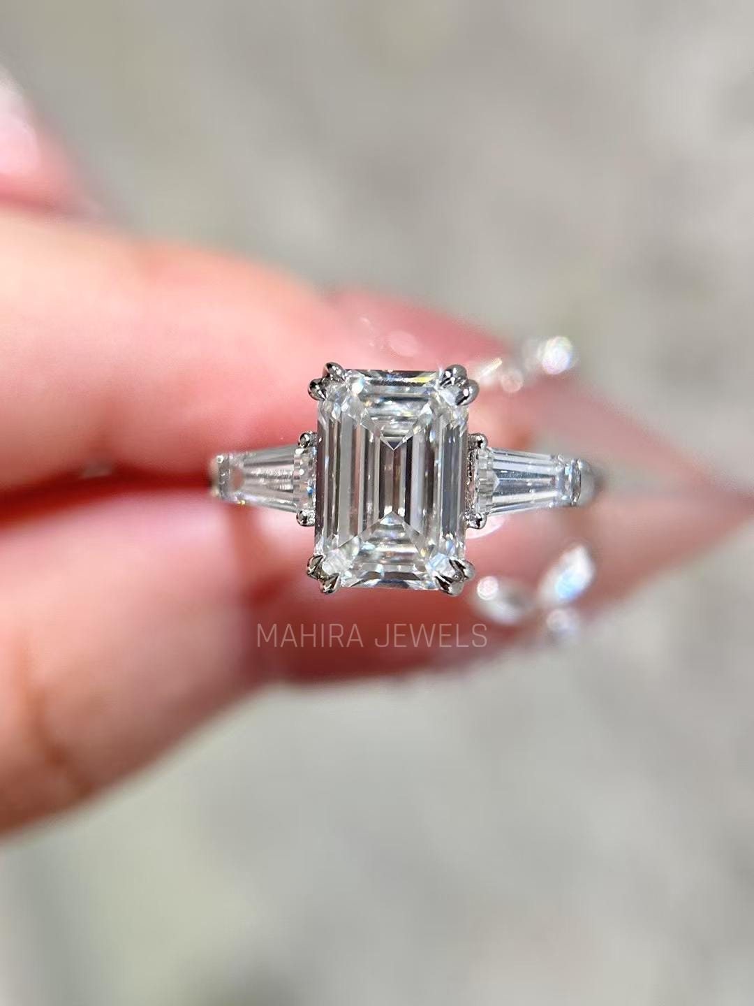 Three Stone Step Cut Diamond Ring, Emerald Cut Diamond Ring, 14k White ...