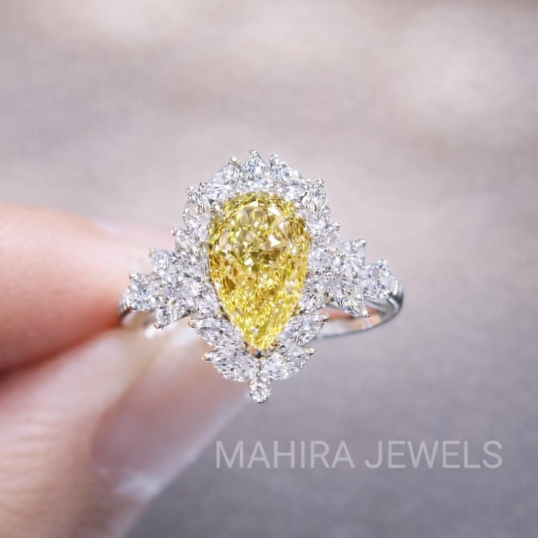 Statement Yellow Lab Grown Diamond Ring, Floral Halo Engagement Ring ...