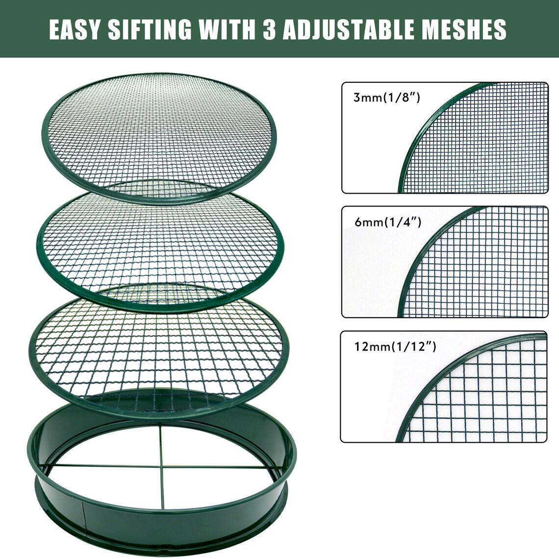 Garden Sieve, 3 in 1 Metal Soil Sieve With Interchangeable Mesh Sizes ...
