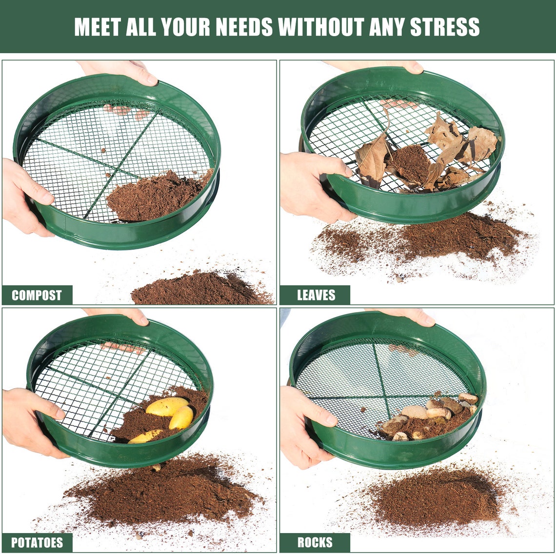 Garden Sieve, 3 in 1 Metal Soil Sieve With Interchangeable Mesh Sizes ...