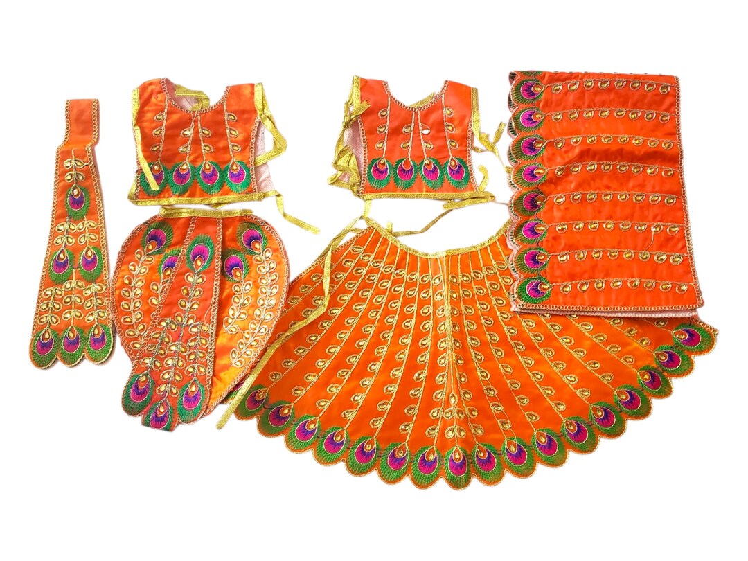 Radha Krishna Poshak Set: Polka Dot Fabric, 6-piece Outfit for 14" Idol ...