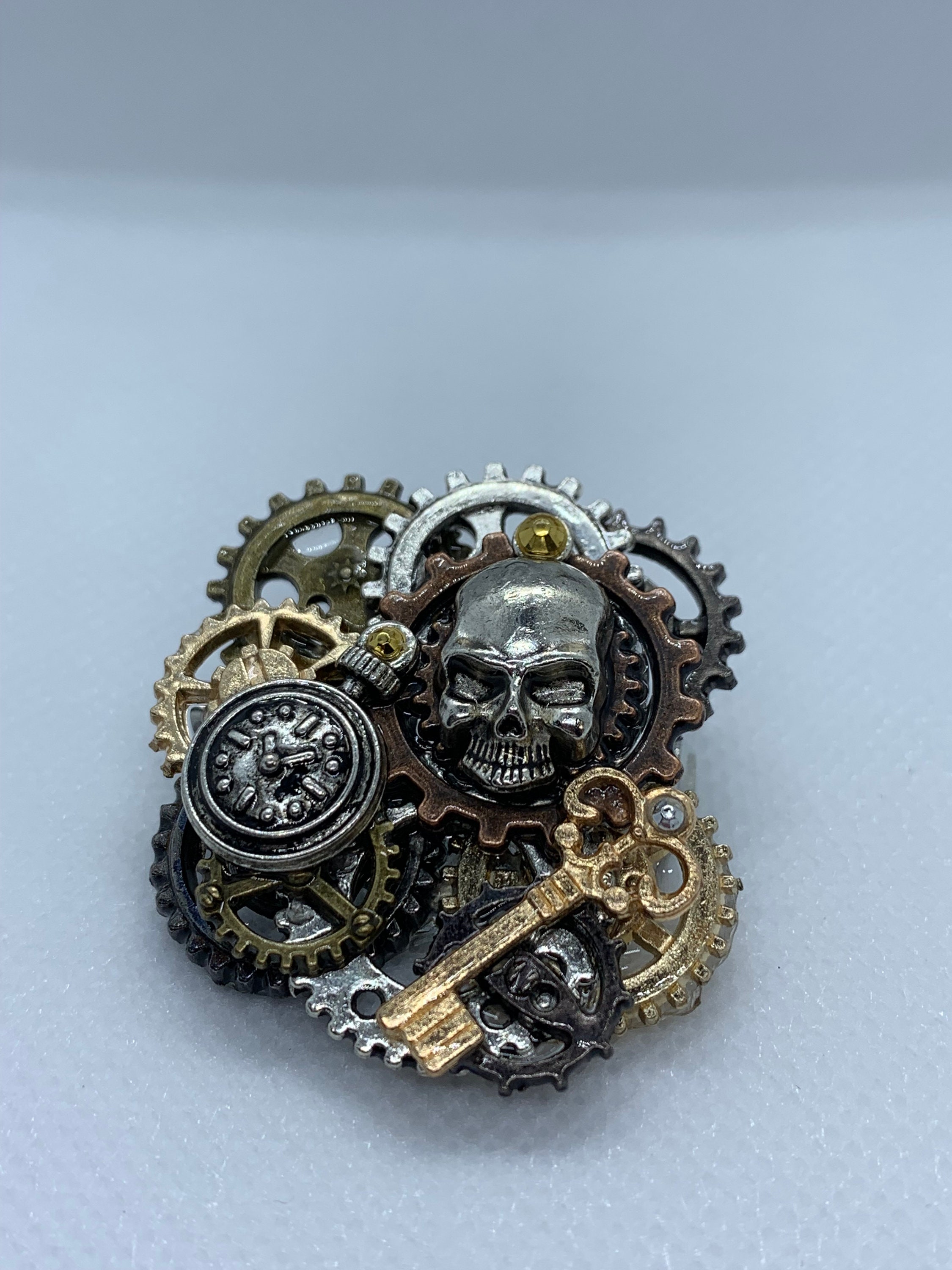 Steampunk Skull Pin/lapel With Clock and Skeleton Key - Etsy