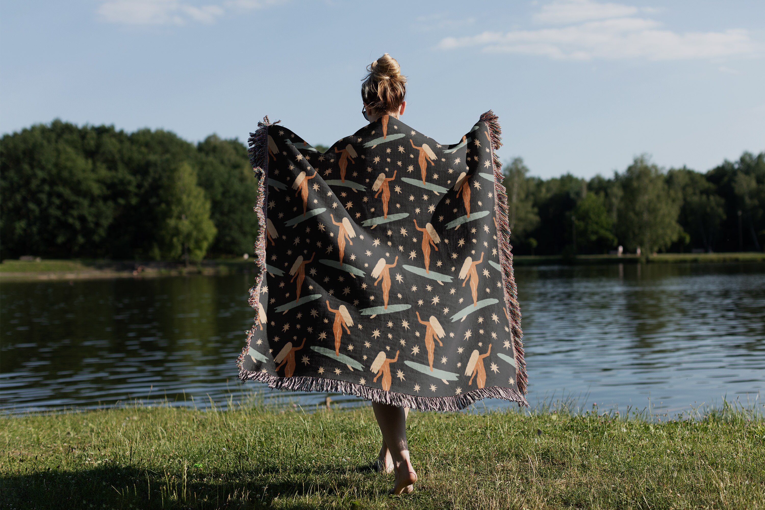 Surfer Girl Woven Cotton Throw Blanket Fringed Wall Hanging Stars ...