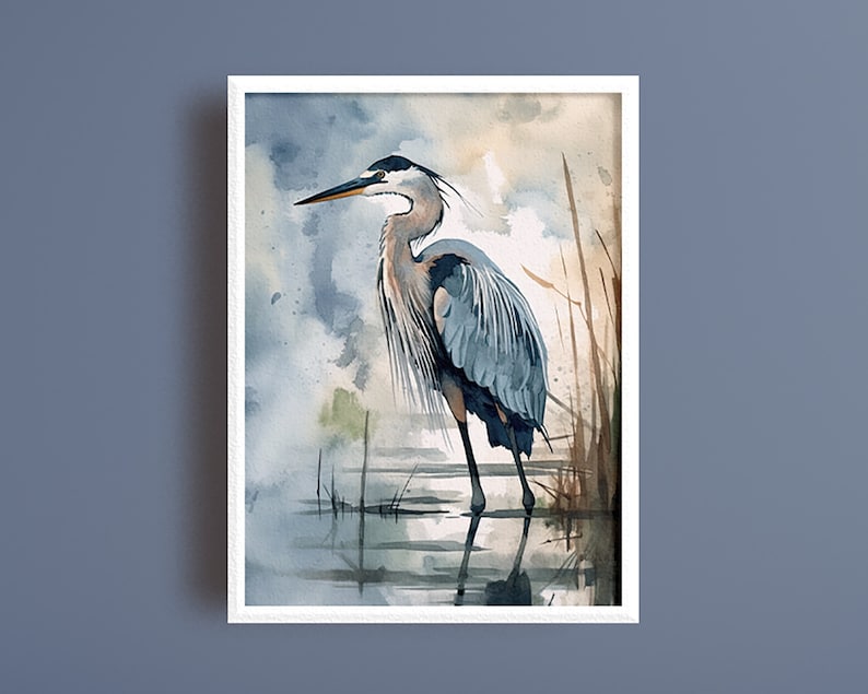 Blue Heron Watercolor Printable Art Coastal Bird Wall Decor Heron Wall ...