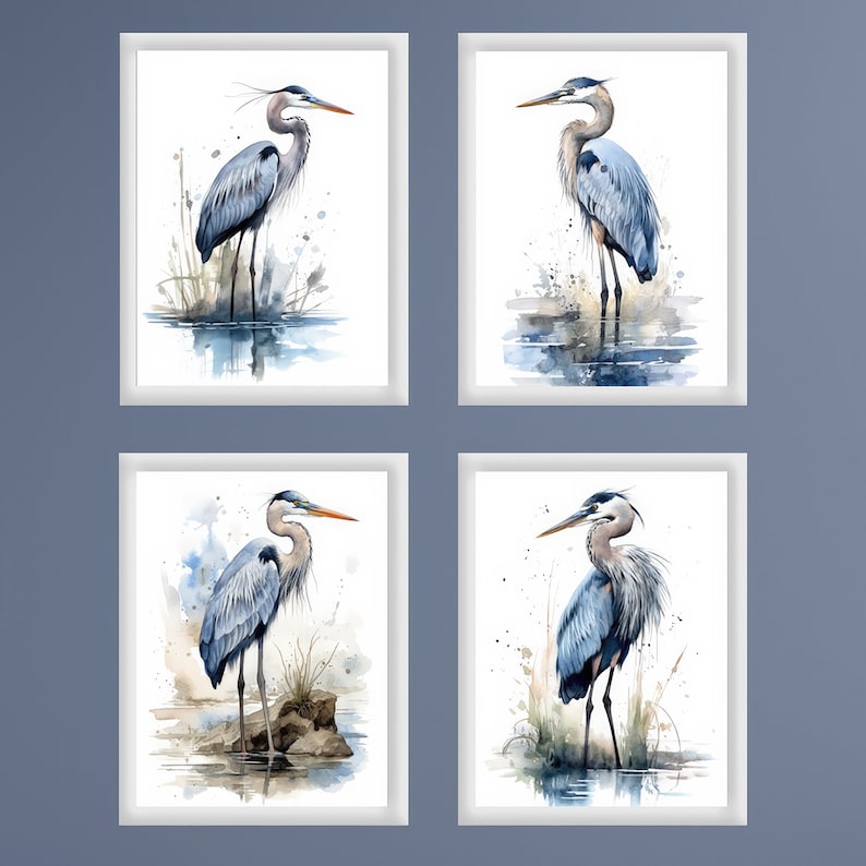 Great Blue Heron Print, Set of 4 Printable Wall Art, Coastal Decor Bird ...