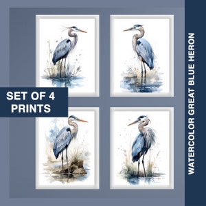 Great Blue Heron Print, Set of 4 Printable Wall Art, Coastal Decor Bird ...