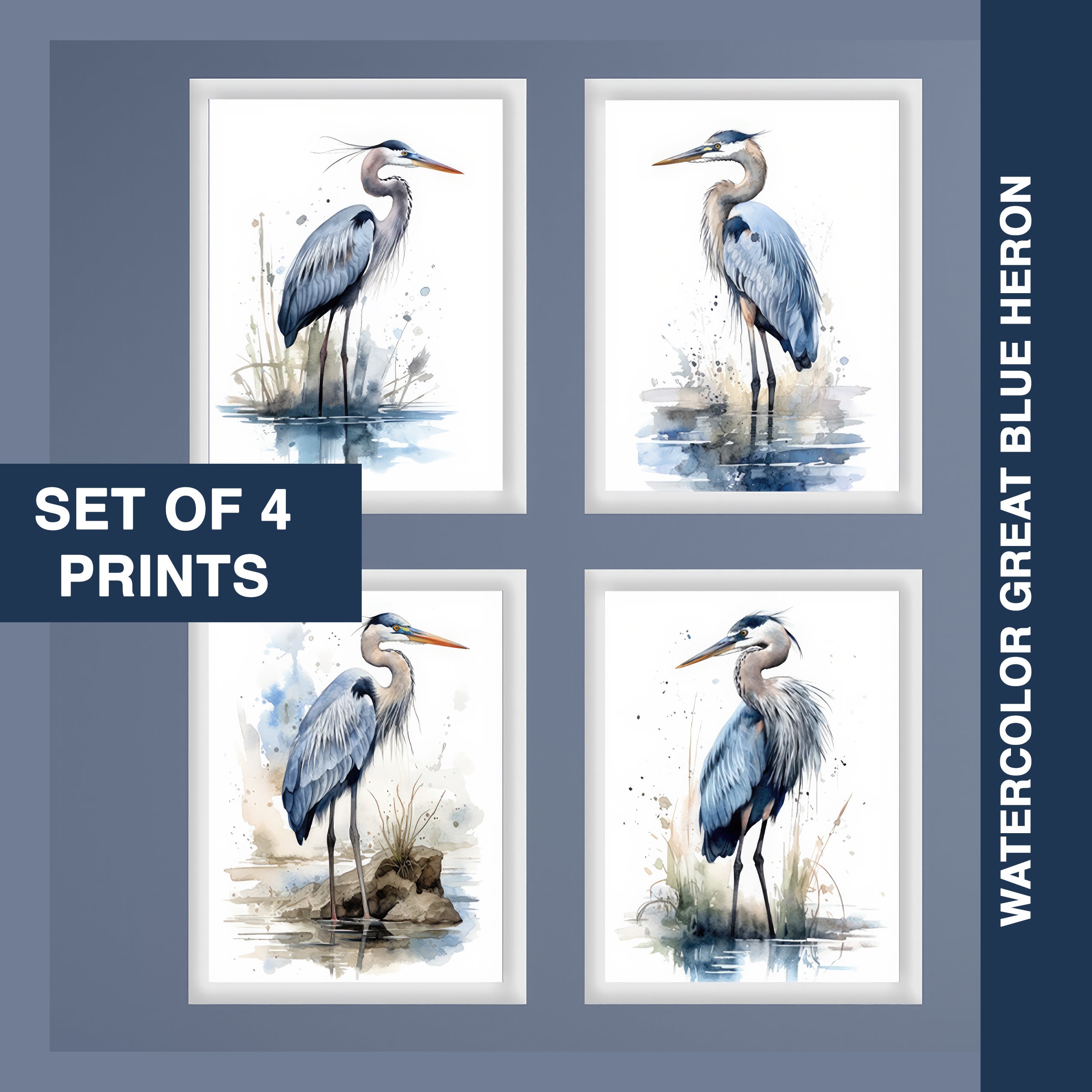 Great Blue Heron Print, Set of 4 Printable Wall Art, Coastal Decor Bird ...