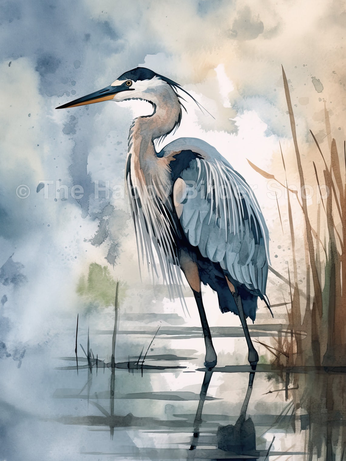 Blue Heron Watercolor Printable Art Coastal Bird Wall Decor Heron Wall ...