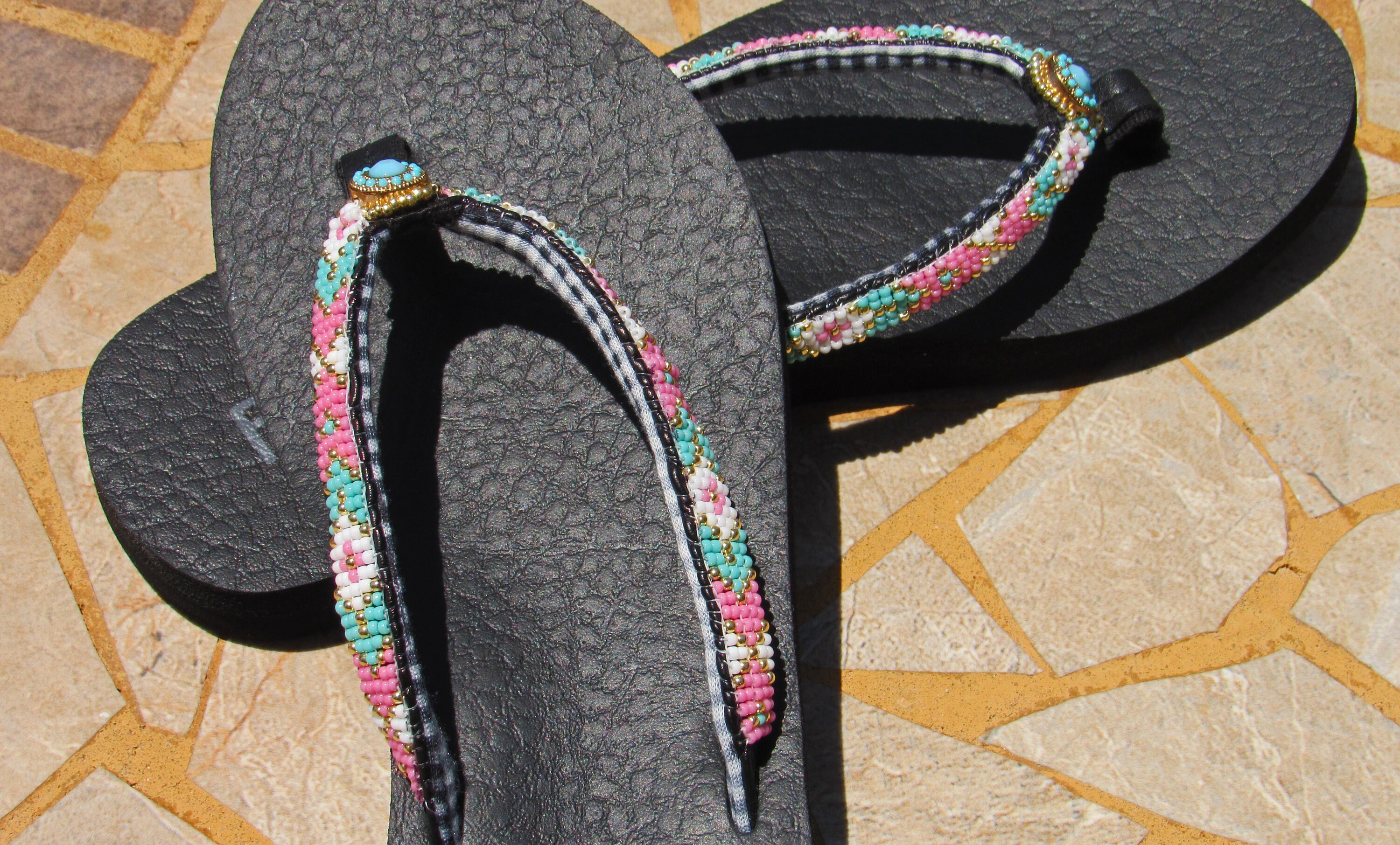 Flip Flop Hand Beaded Flip Flop Southwestern Pattern Turquoise, Pink ...