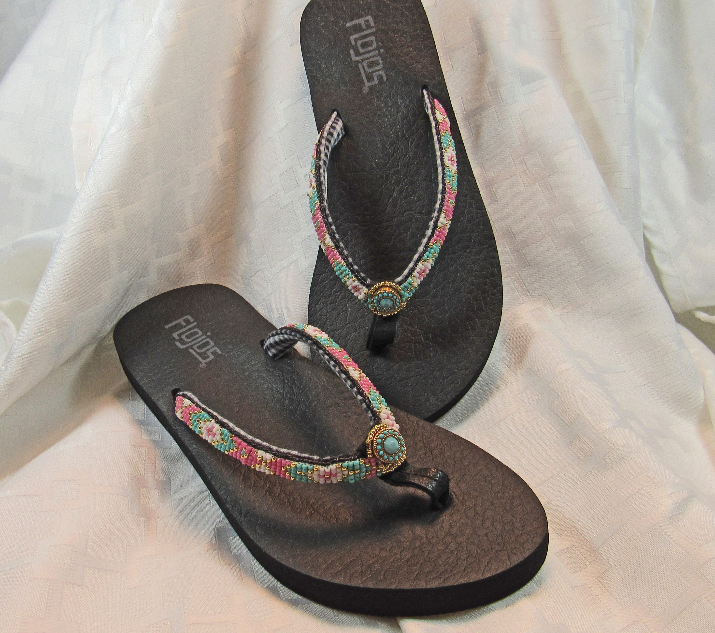 Flip Flop Hand Beaded Flip Flop Southwestern Pattern Turquoise, Pink ...