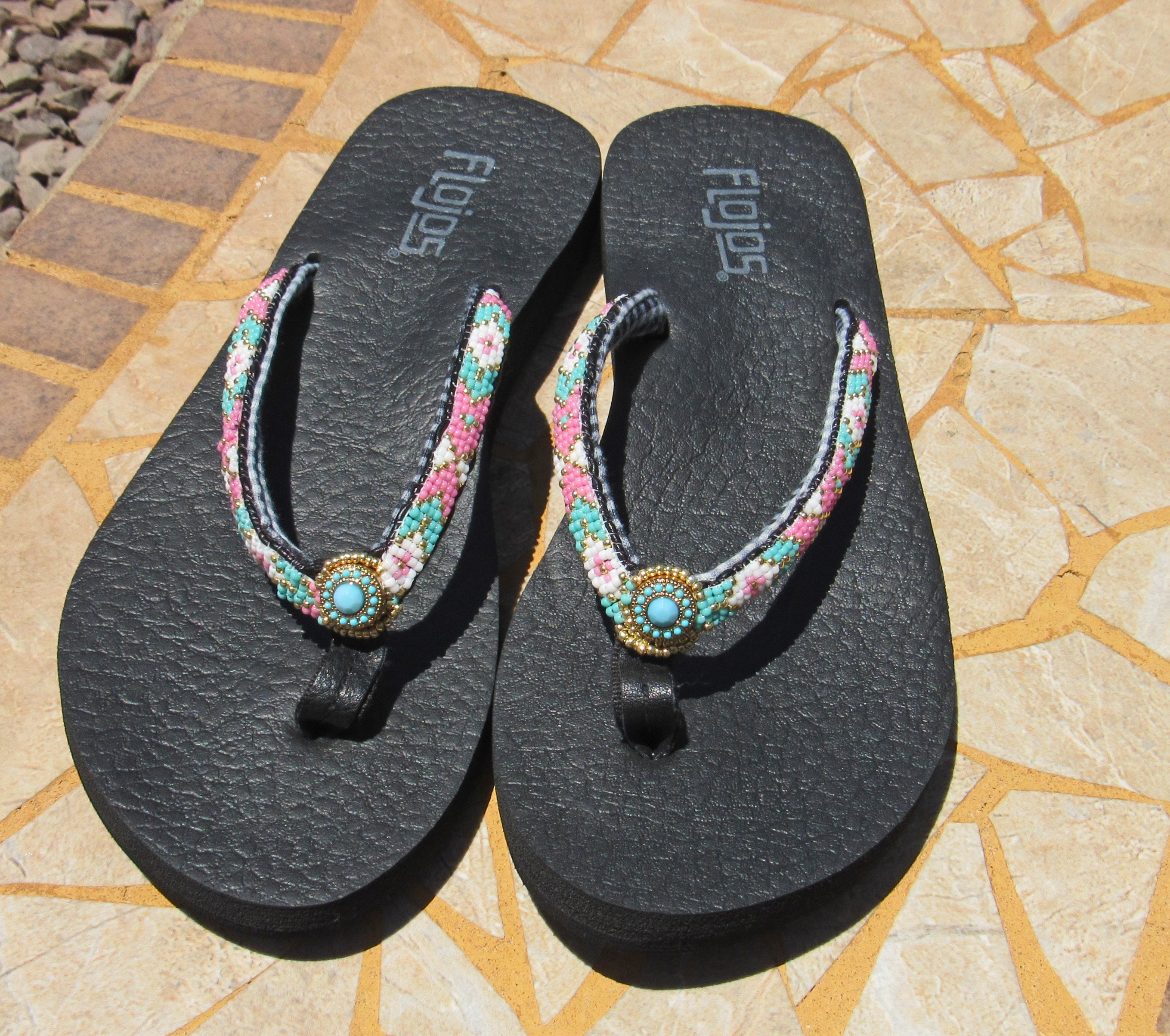 Flip Flop Hand Beaded Flip Flop Southwestern Pattern Turquoise, Pink ...
