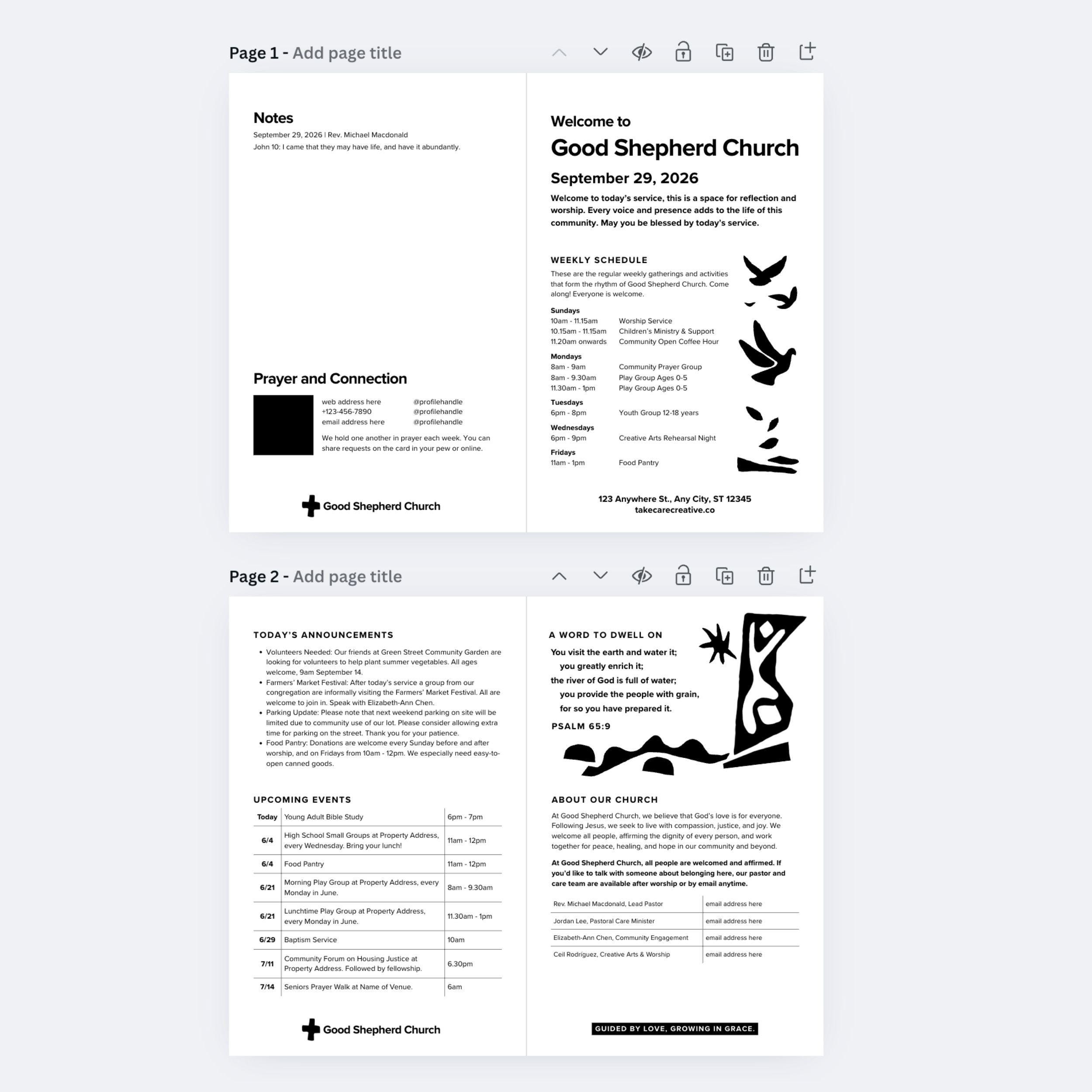 Black & White Church Bulletin Canva Template | 8.5x11 Bifold US Letter ...
