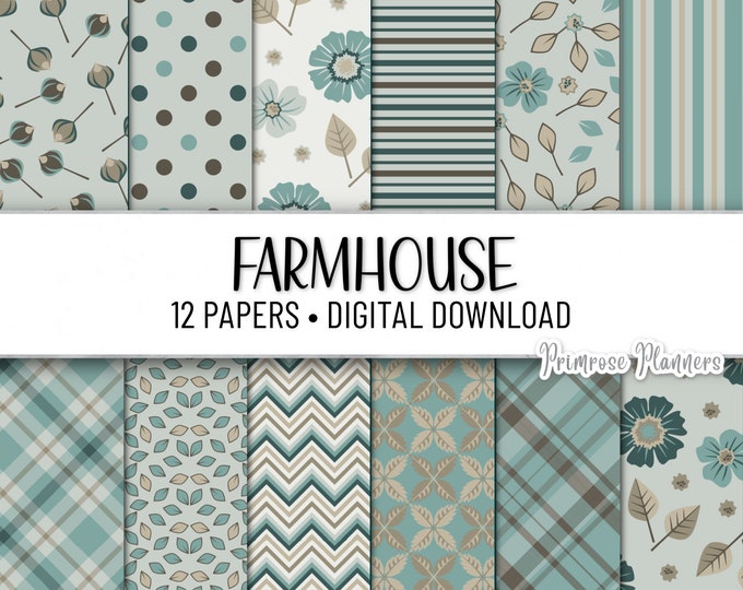 Farmhouse Digital Paper Pack | Digital Plaid Paper | Floral Digital ...