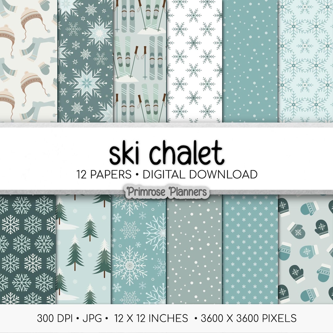 Winter Ski Digital Paper, Neutral Blue Teal Brown Patterns, Vintage ...