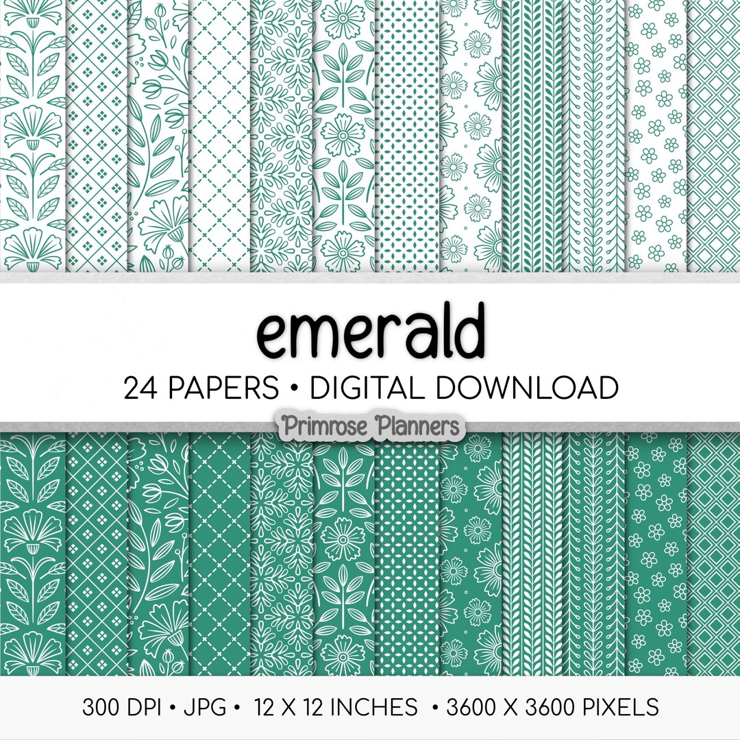 Emerald Green Digital Paper Minimal Boho | White Dainty Floral Seamless ...