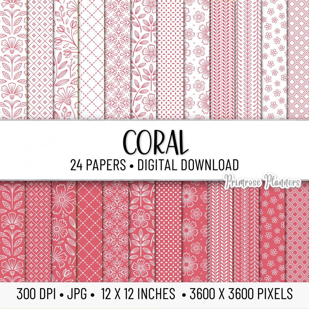 CORAL Pink Patterns Digital Paper Pack | Digital Striped Paper ...