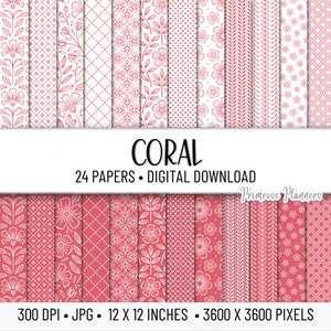 CORAL Pink Patterns Digital Paper Pack | Digital Striped Paper ...