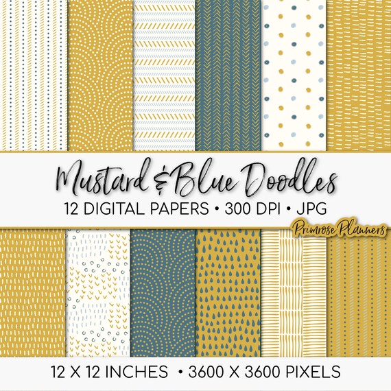 Mustard and Navy Doodles Digital Paper Pack Mustard Pattern | Etsy