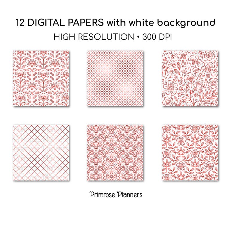 Red Digital Paper Pack, Minimal Boho Floral Patterns, Bright Red ...
