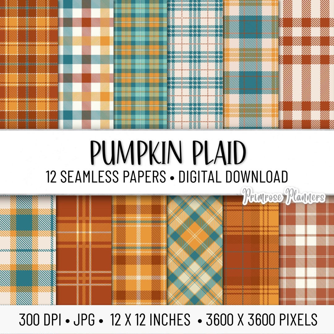 Pumpkin Tartan Digital Paper Pack | Digital Orange and Teal Paper ...