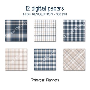 Seamless Navy Blue and Beige Plaid Digital Paper, Buffalo Check, Tan ...