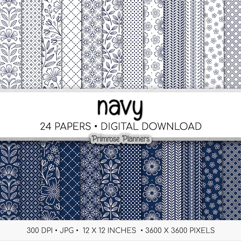 Navy Blue Boho Floral Digital Paper, Minimal White Flower Seamless ...