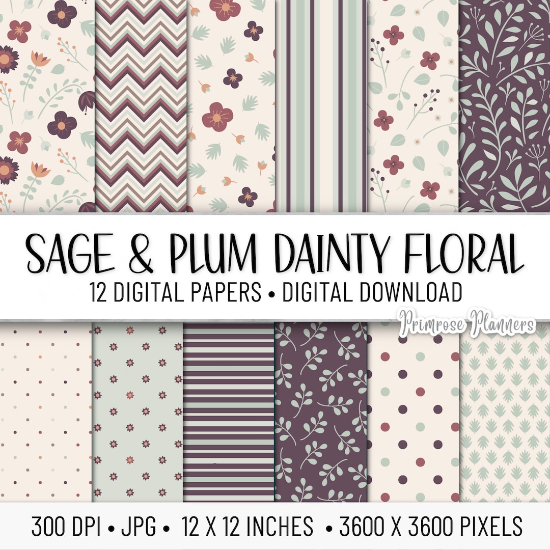 Dainty Floral Digital Paper Pack | Digital Sage and Plum Paper | Floral ...
