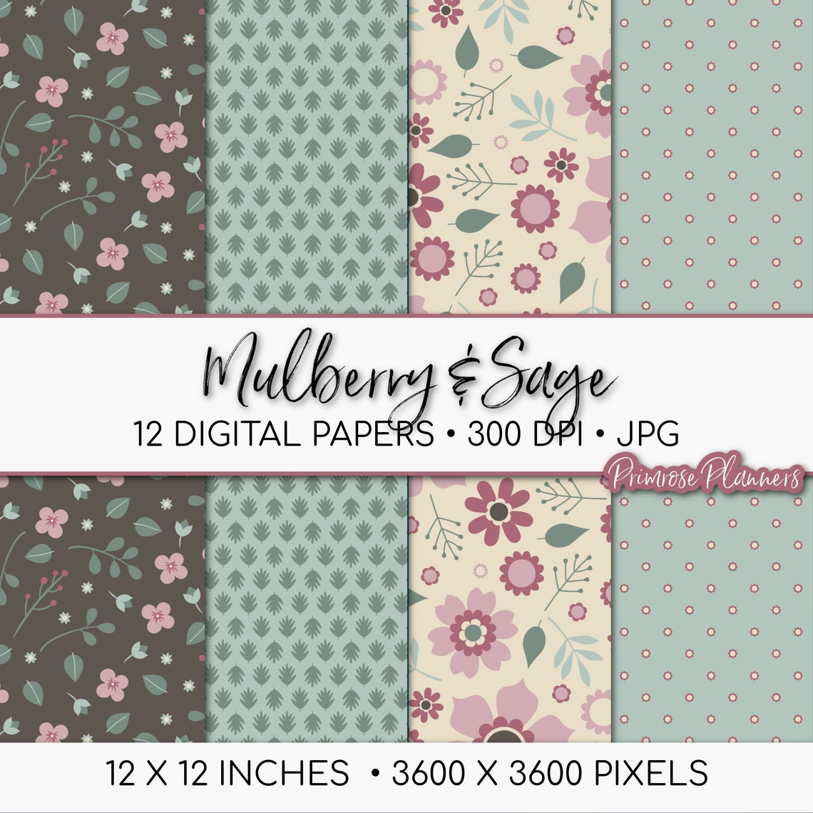 Dainty Floral Digital Paper Pack Digital Mulberry and Sage - Etsy