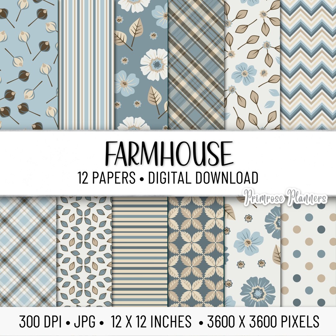 Farmhouse Digital Paper Pack | Digital Plaid Paper | Floral Digital ...