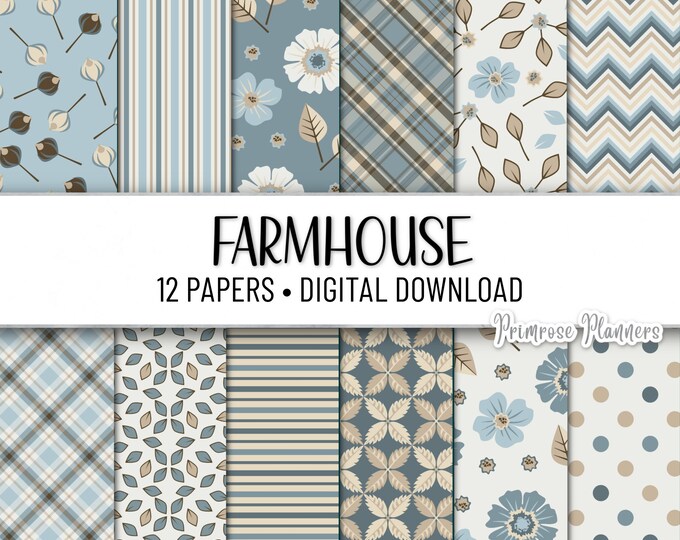 Farmhouse Digital Paper Pack Digital Plaid Paper Floral Digital Paper ...
