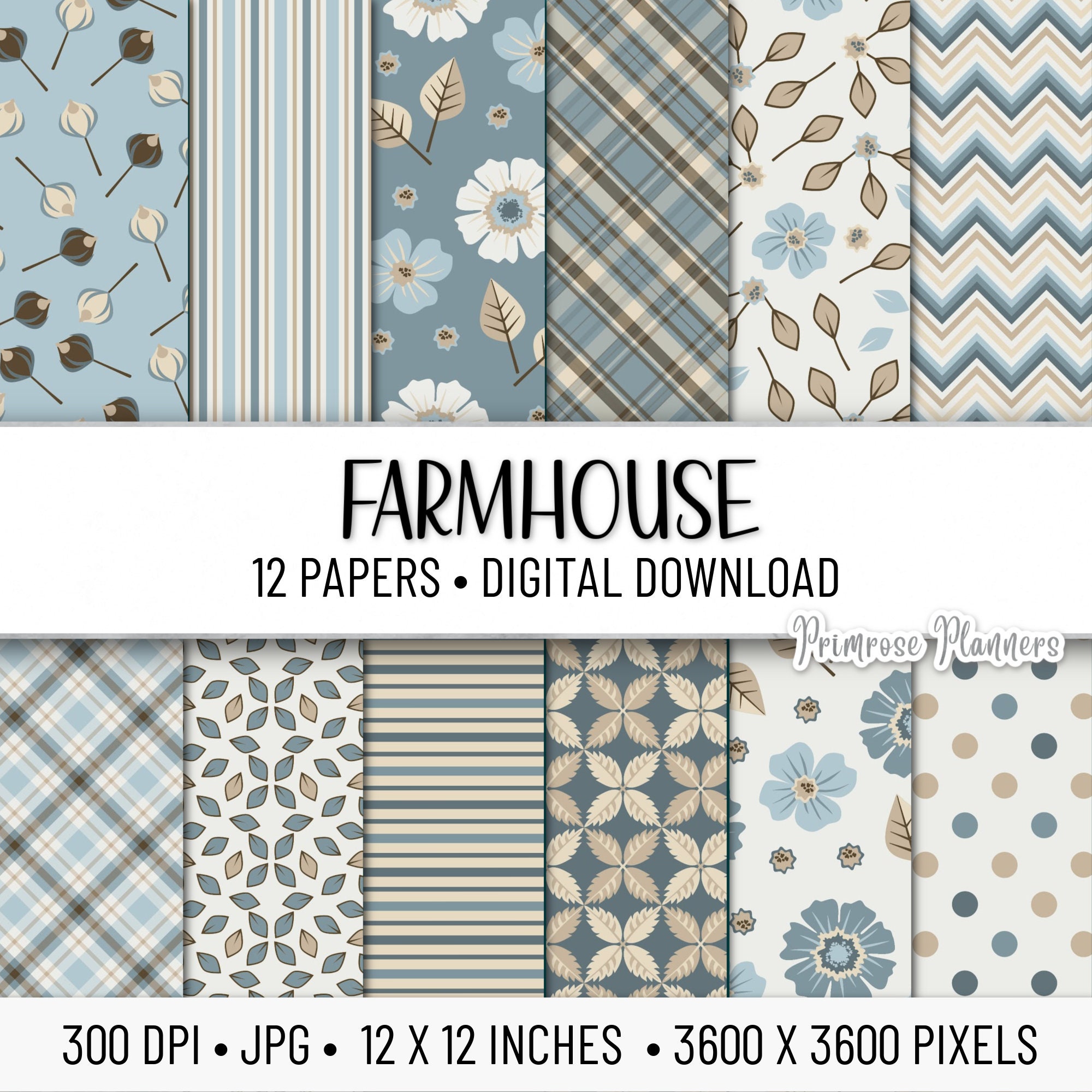 Farmhouse Digital Paper Pack Digital Plaid Paper Floral - Etsy