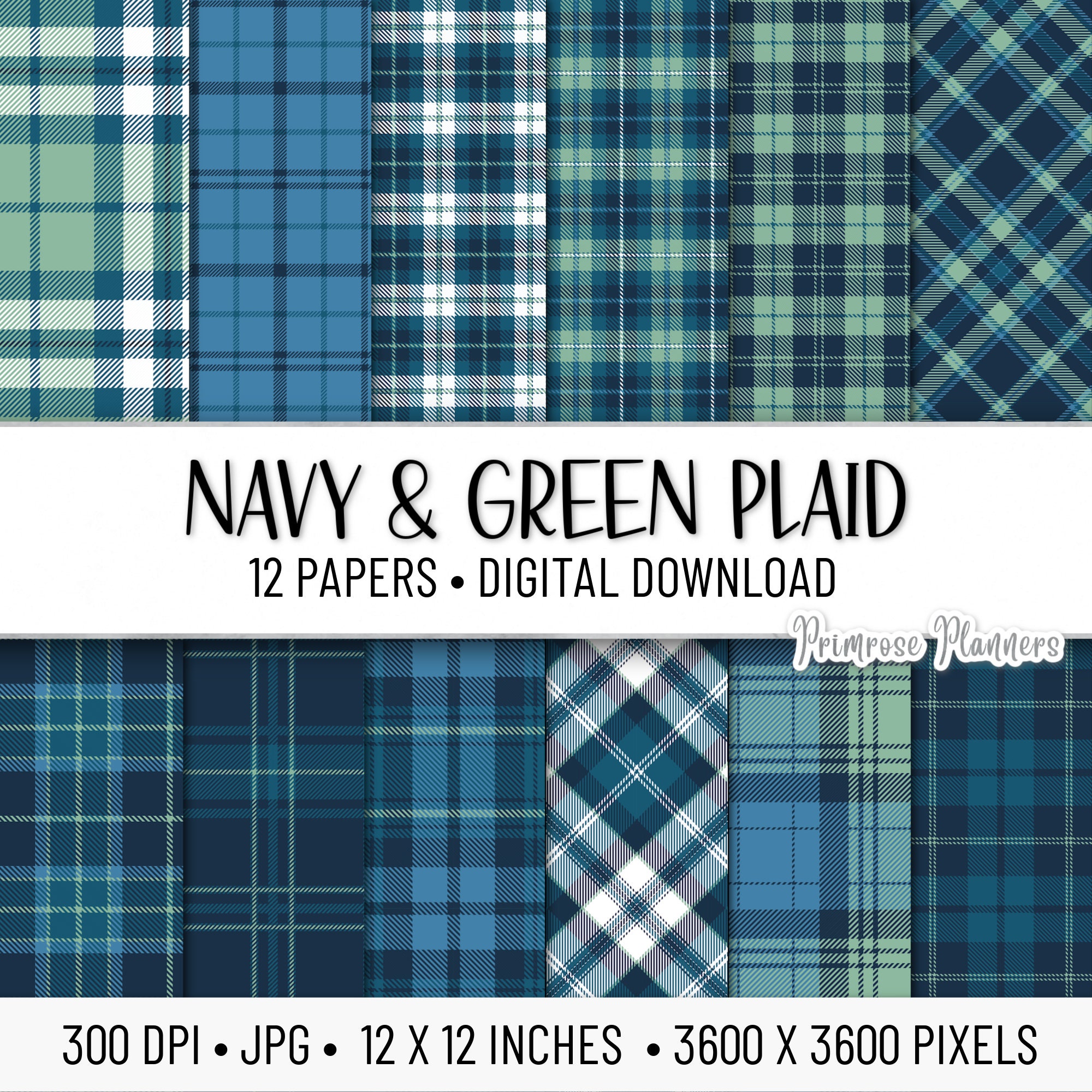 Navy and Green Plaid Digital Paper Pack Digital Plaid Paper - Etsy