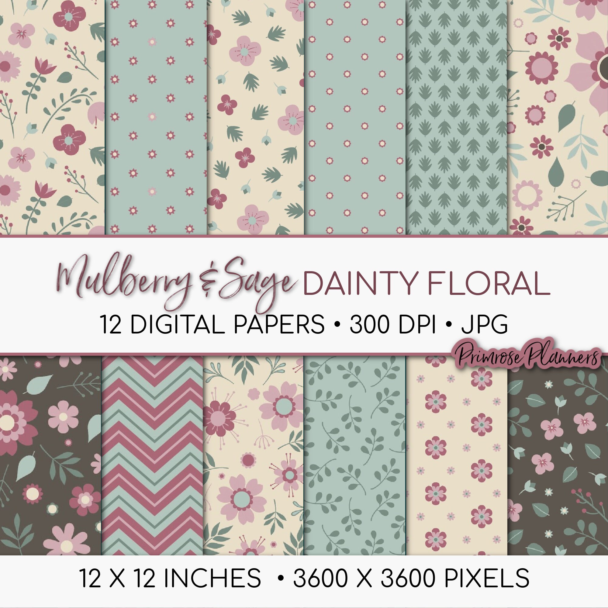 Dainty Floral Digital Paper Pack Digital Mulberry and Sage - Etsy