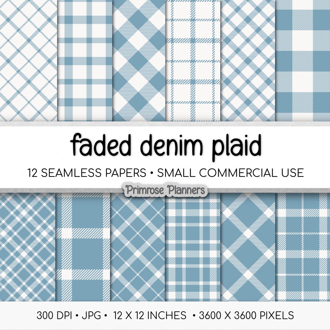 Seamless Faded Denim Plaid Digital Paper, Pale Blue White Tartan ...
