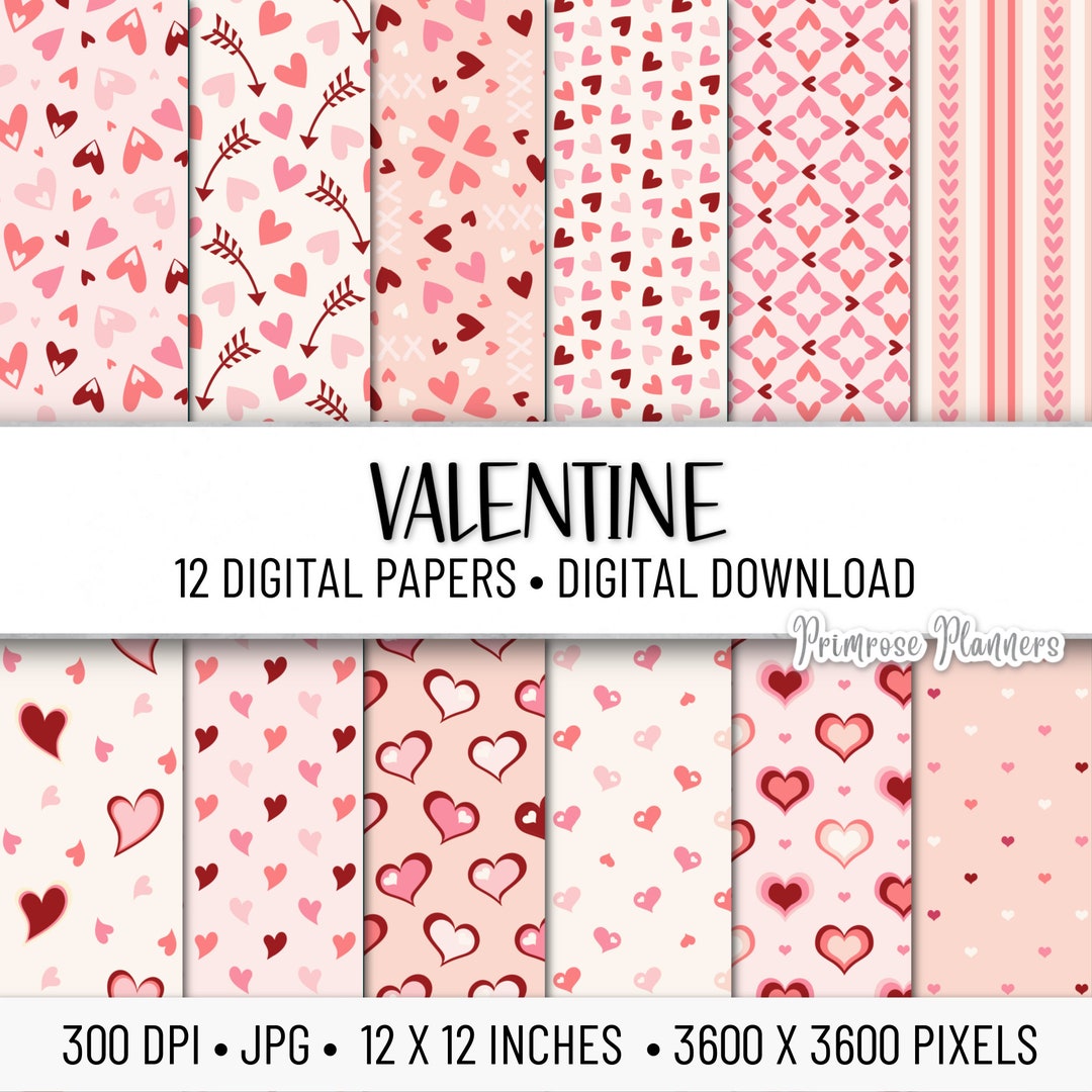 VALENTINE Hearts Digital Paper Pack Pink, Red Digital Paper Printable ...