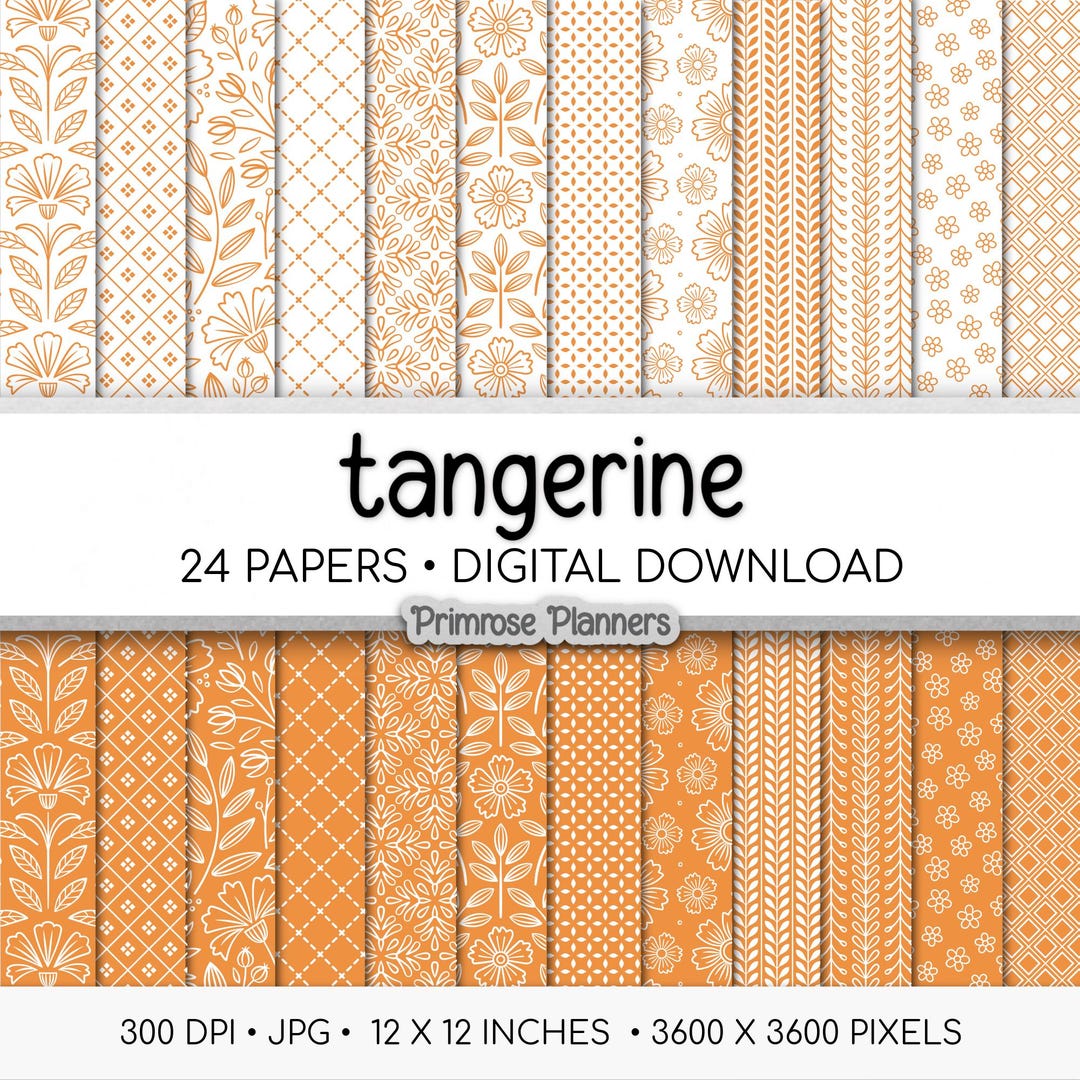 Tangerine Digital Paper Pack, Minimal Boho Floral Patterns, Vivid ...